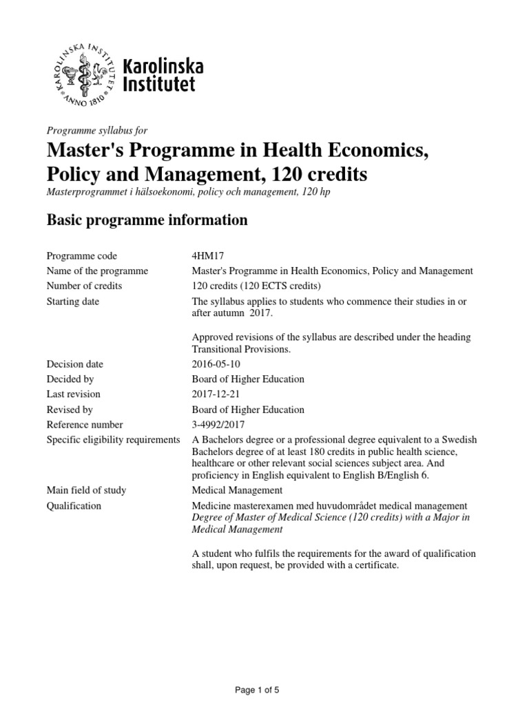 Master's Programme in Health Economics, Policy and Management, 120 ...
