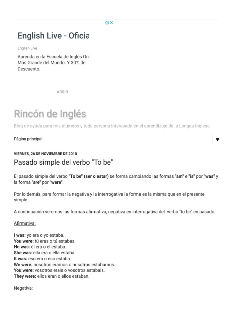 Rincón de Inglés - Pasado Simple Del Verbo - To Be | PDF