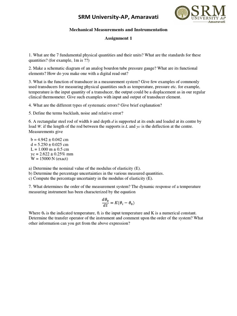 SRM University-AP, Amaravati: Mechanical Measurements and Instrumentation Assignment 1 | PDF