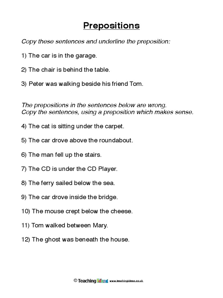 Prepositions: Copy These Sentences and Underline The Preposition | PDF
