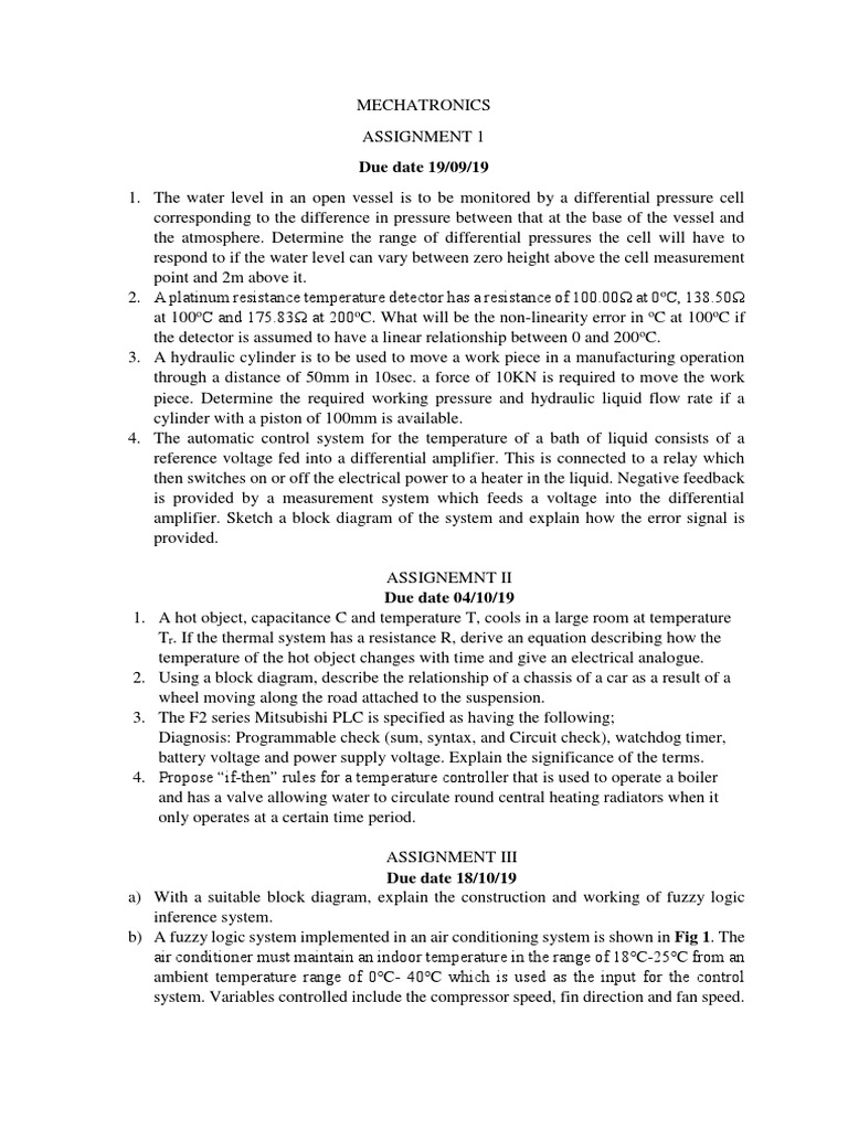 Mechatronics Assignments | PDF | Electrical Resistance And Conductance | Air Conditioning
