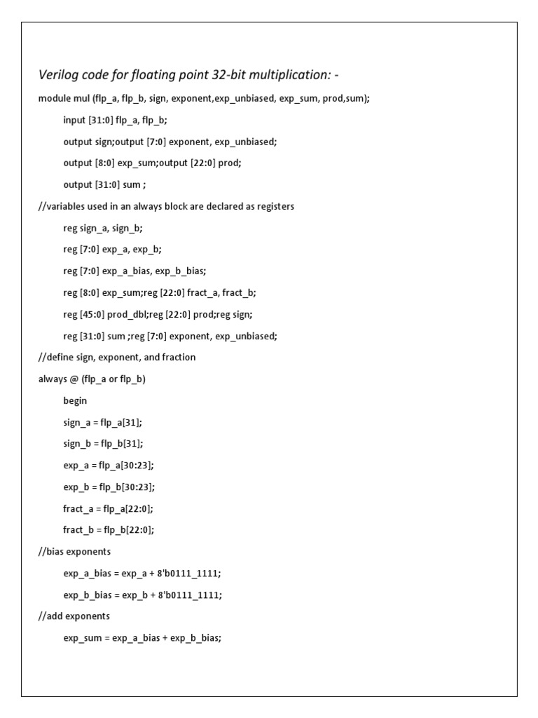 Verilog Code For Floating Point 32-Bit Multiplication | PDF | Exponentiation | Computer Programming