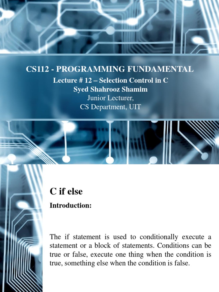 Cs112 - Programming Fundamental: Lecture # 12 - Selection Control in C ...