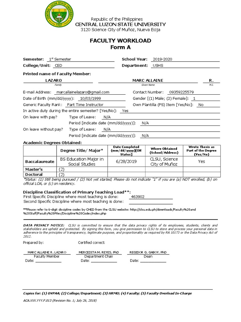 Faculty Workload Form A: Central Luzon State University | Descargar ...