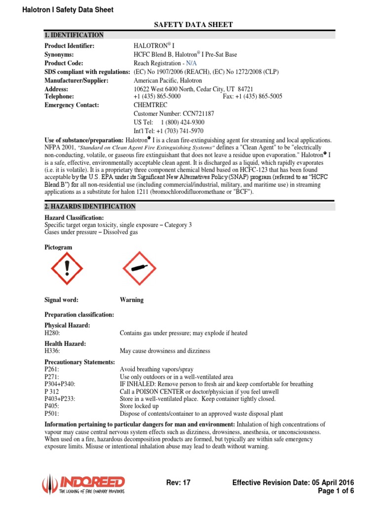 Material Safety Data Sheet Msds Halotron | PDF | Dangerous Goods | Toxicity