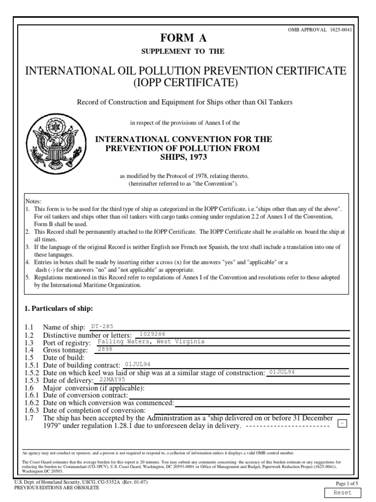 International Oil Pollution Prevention Certificate (Iopp Certificate ...
