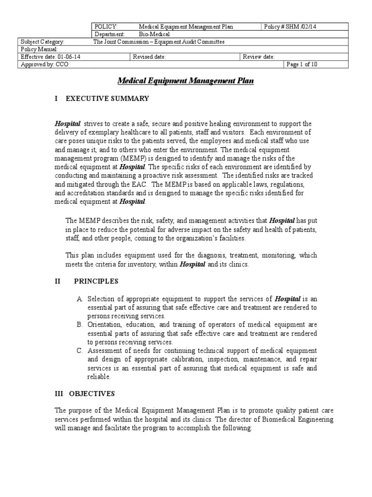 Medical Equipment Mnagenment Plan, Maintenance Plan and Audit | PDF ...