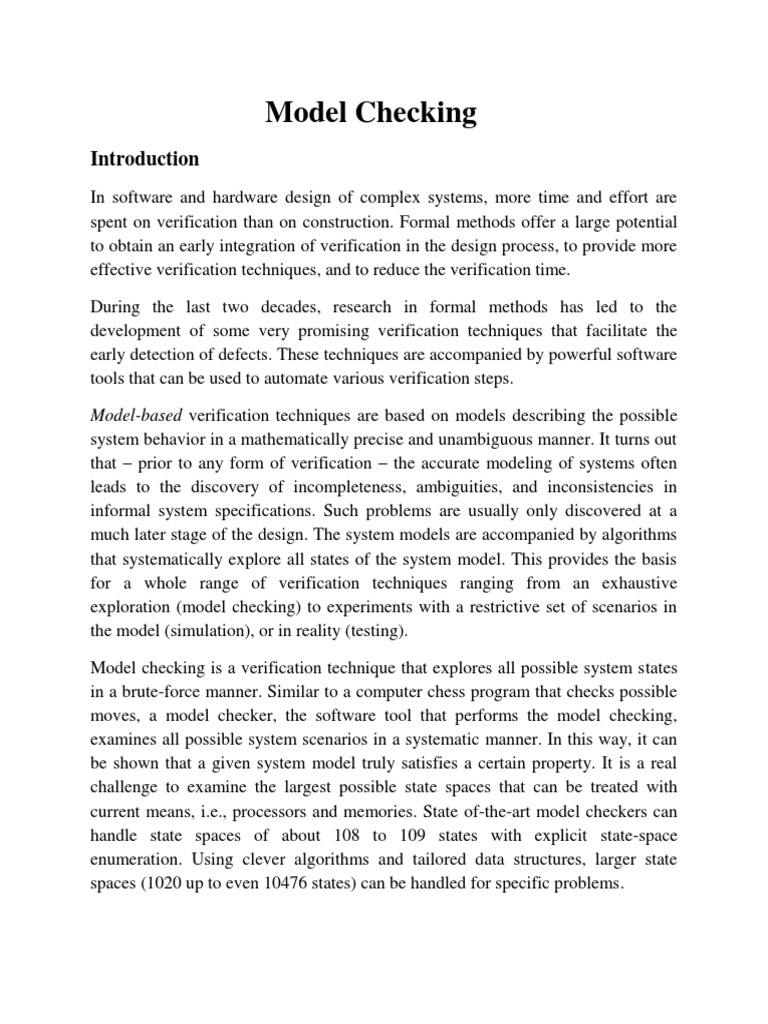 Model Checking: Model-Based Verification Techniques Are Based On Models Describing The Possible ...