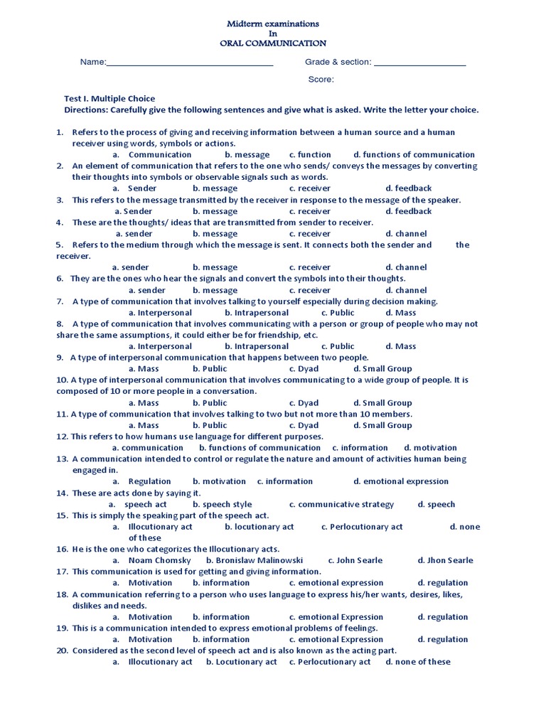 Test I. Multiple Choice Directions: Carefully Give The Following ...