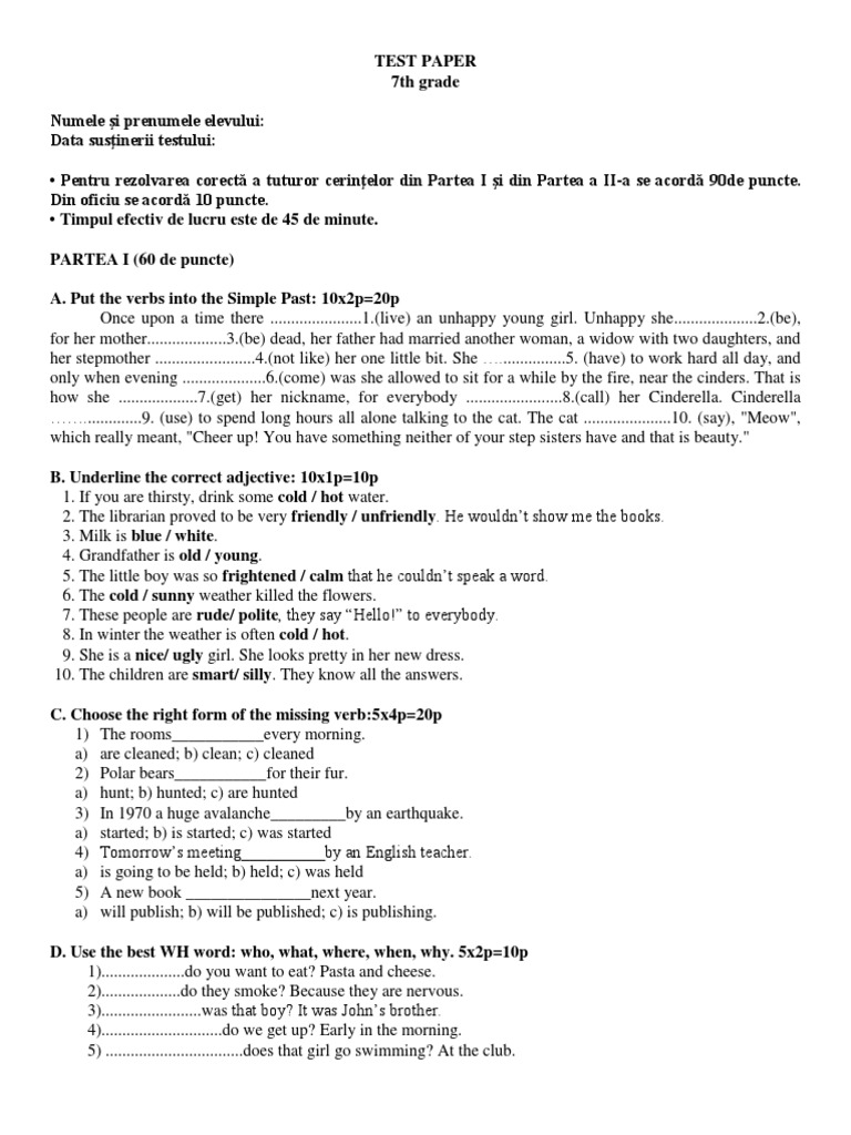 7th Grade English Test Paper | PDF | Language Mechanics | Linguistic ...