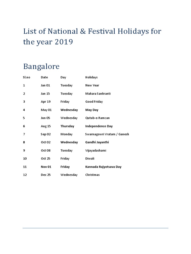 List of National & Festival Holidays For The Year 2019 | PDF