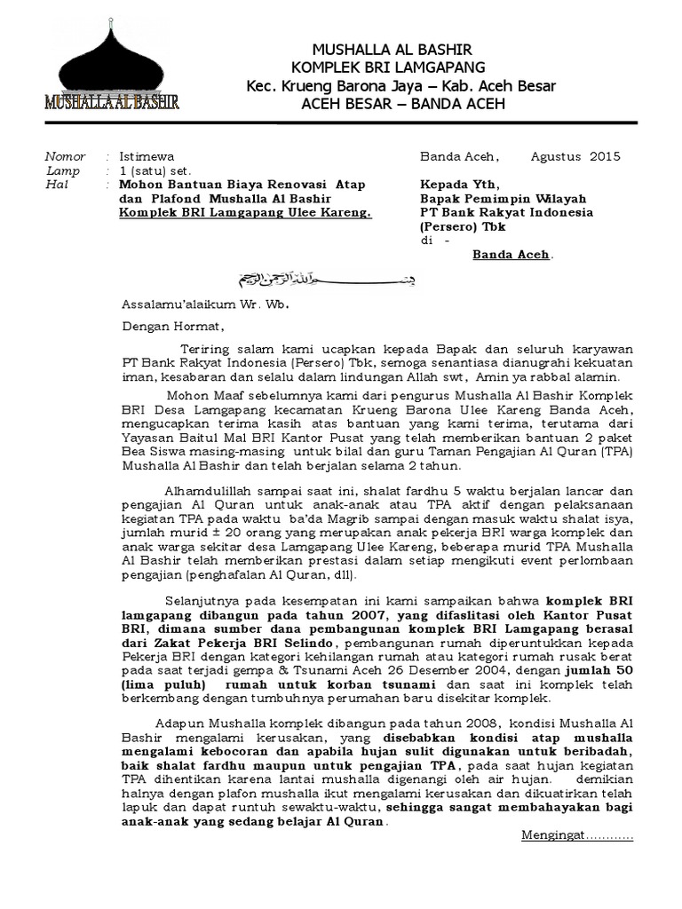 Surat Permohonan Renovasi Mushala Ke YBM BRI | PDF