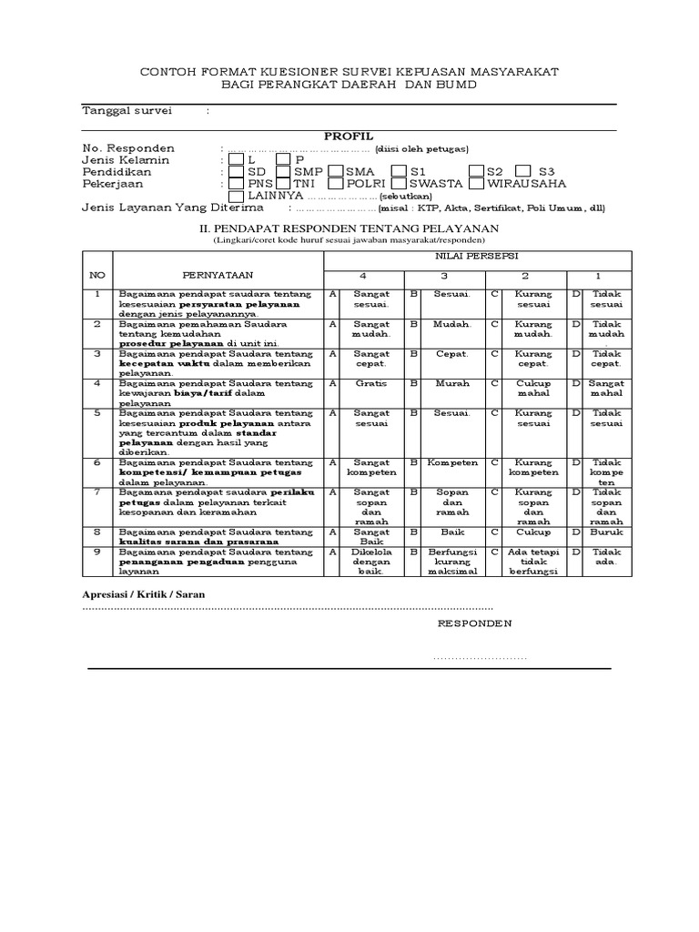 Contoh Format Kuesioner Survei Kepuasan Masyarakat | PDF