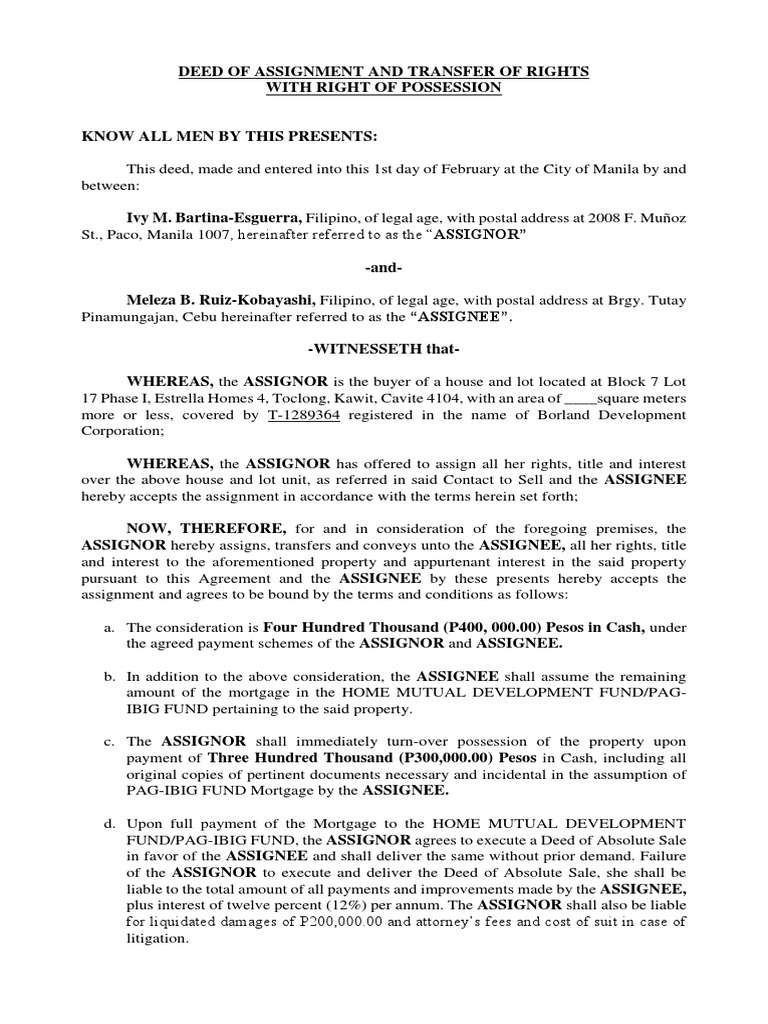 Deed of Assignment and Transfer of Rights | PDF | Assignment (Law ...