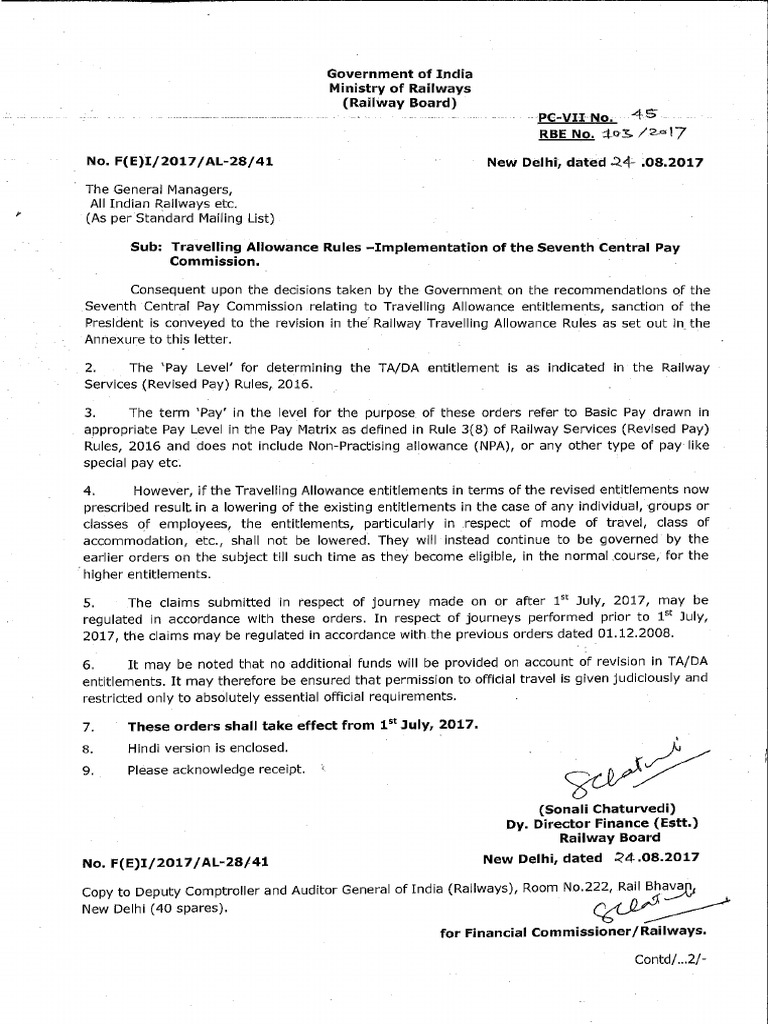 7th CPC Travelling Allowance Rules Railway Board Order | PDF