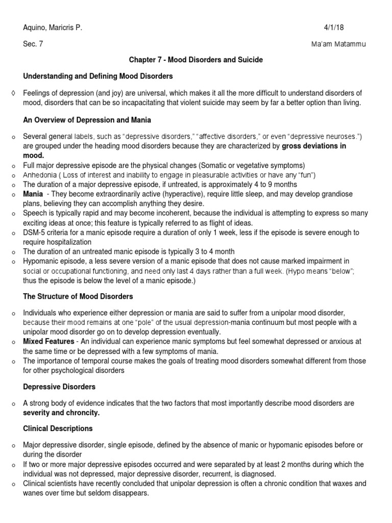 Mood Disorders Outline | Download Free PDF | Major Depressive Disorder ...