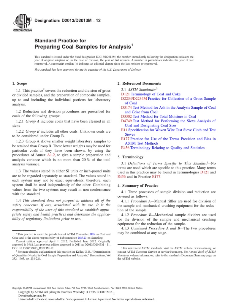 D2013 Standard Practice For Preparing Coal Sample For Analysis PDF ...