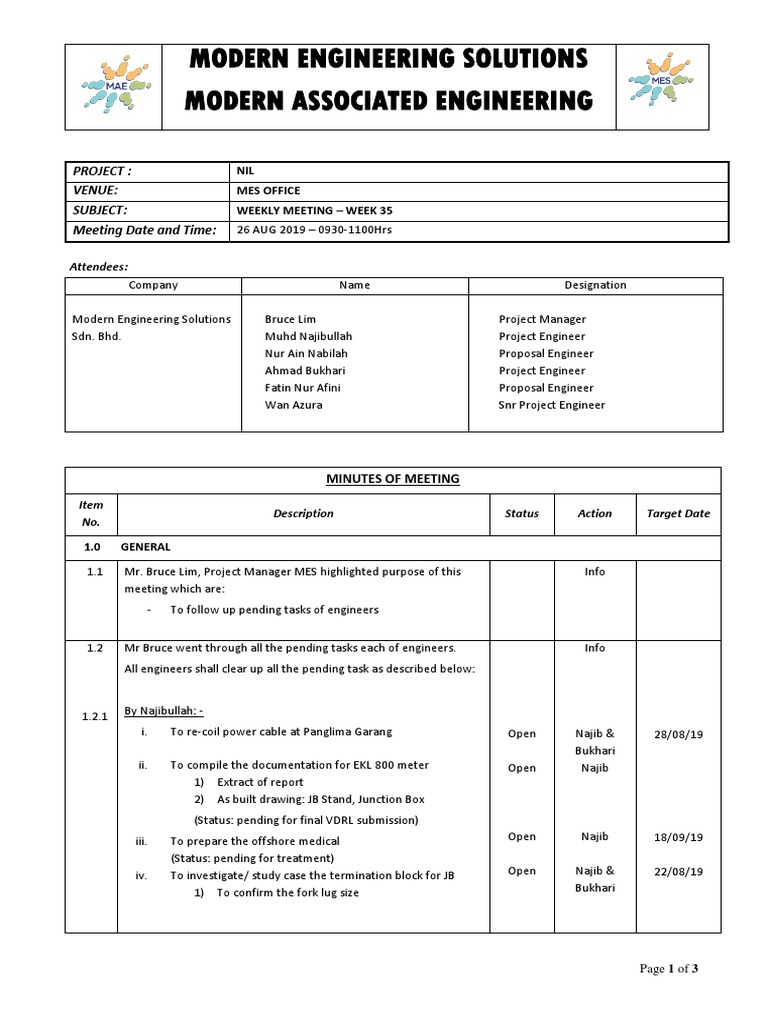 Weekly Engineering Meeting Minutes | PDF