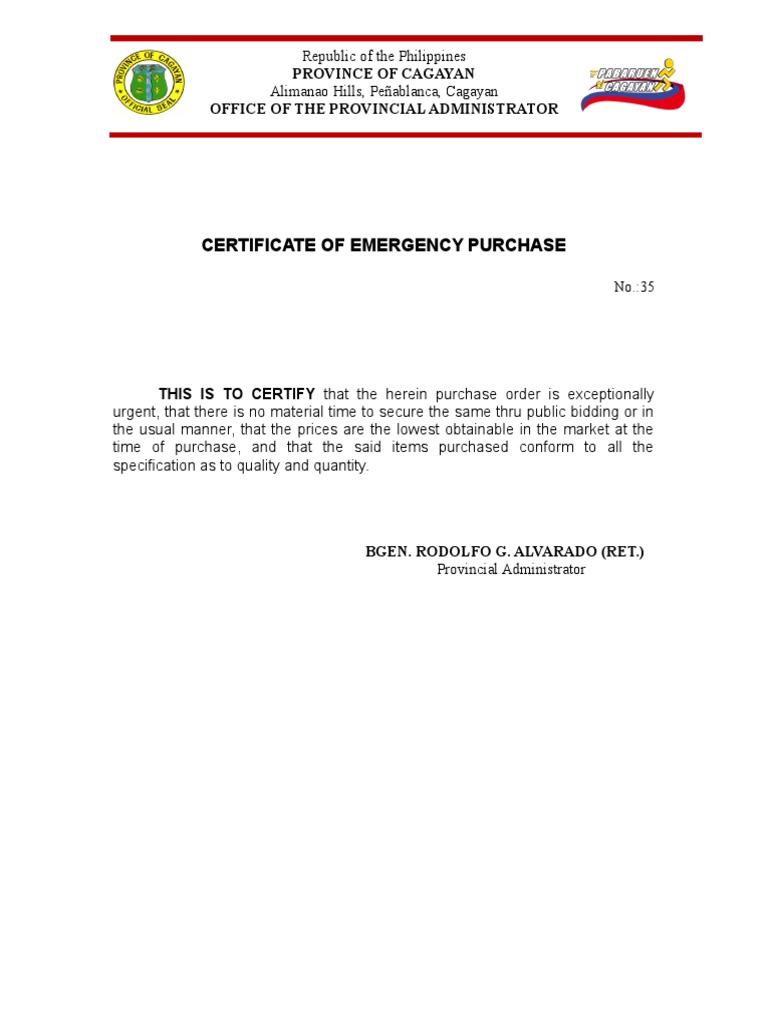 Certificate of Emergency Purchase: Province of Cagayan Office of The ...
