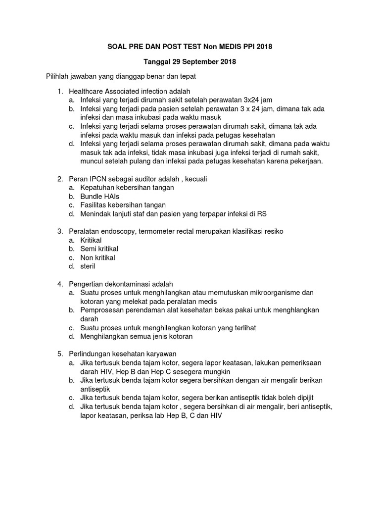 Soal Pre Dan Post Test Non Medis Ppi 2018 Tanggal 29 September 2018 | PDF
