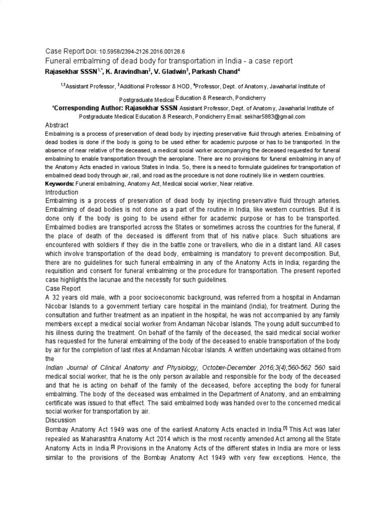 Funeral Embalming of Dead Body For Transportation in India - A Case ...