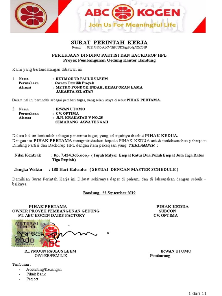 (CV Optima) Draft SPK Dan SPMK, SPL Dan Rekomendasi Kad Mandiri | PDF ...