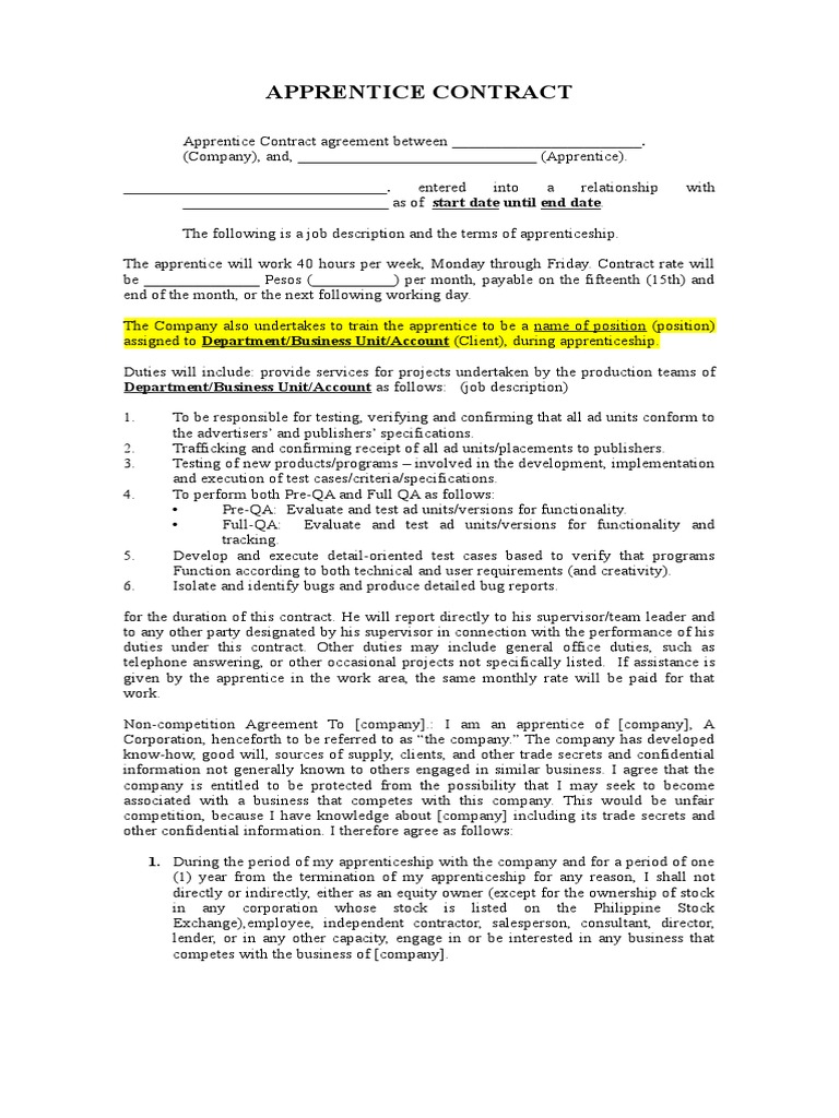 Template Apprentice Contract | PDF | Apprenticeship | Government Information