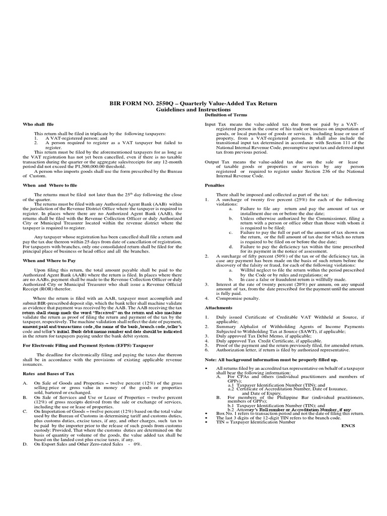 BIR FORM NO. 2550Q - Quarterly Value-Added Tax Return Guidelines and ...