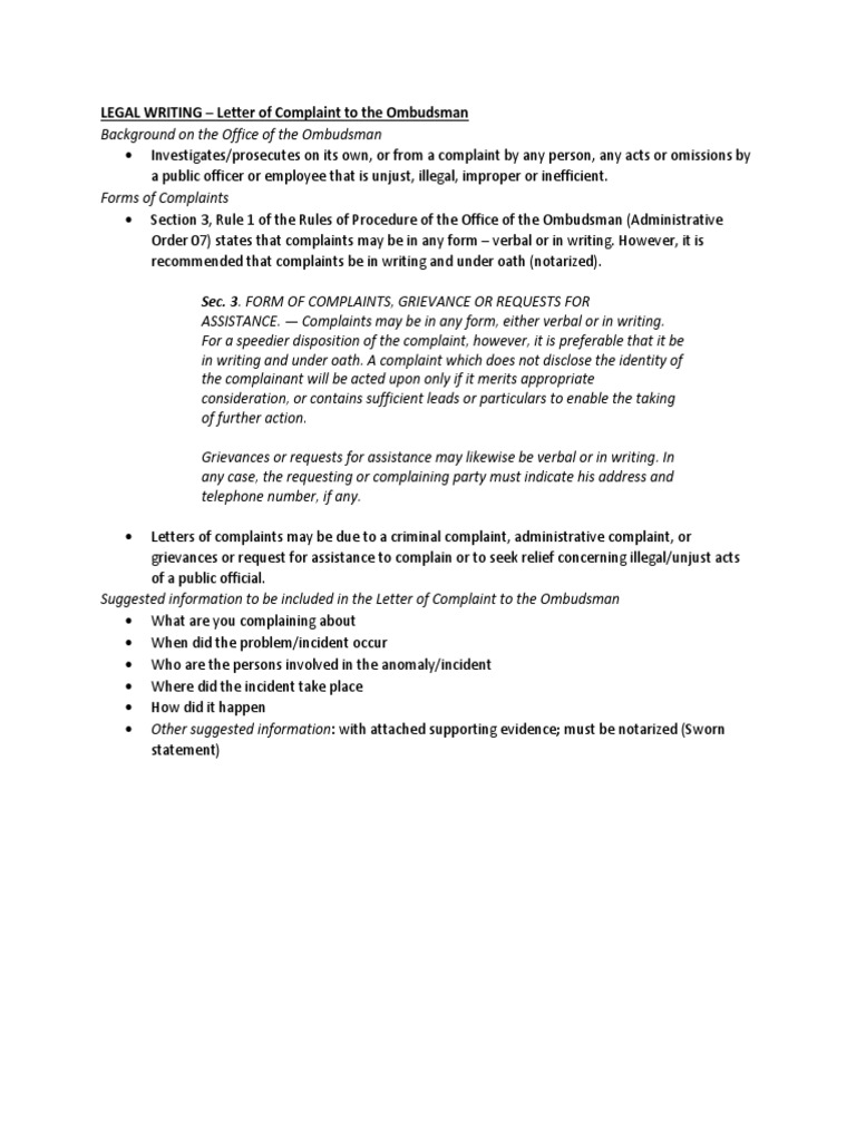 LEGAL WRITING - Letter of Complaint To The Ombudsman: Sec. 3. Form of Complaints, Grievance or ...