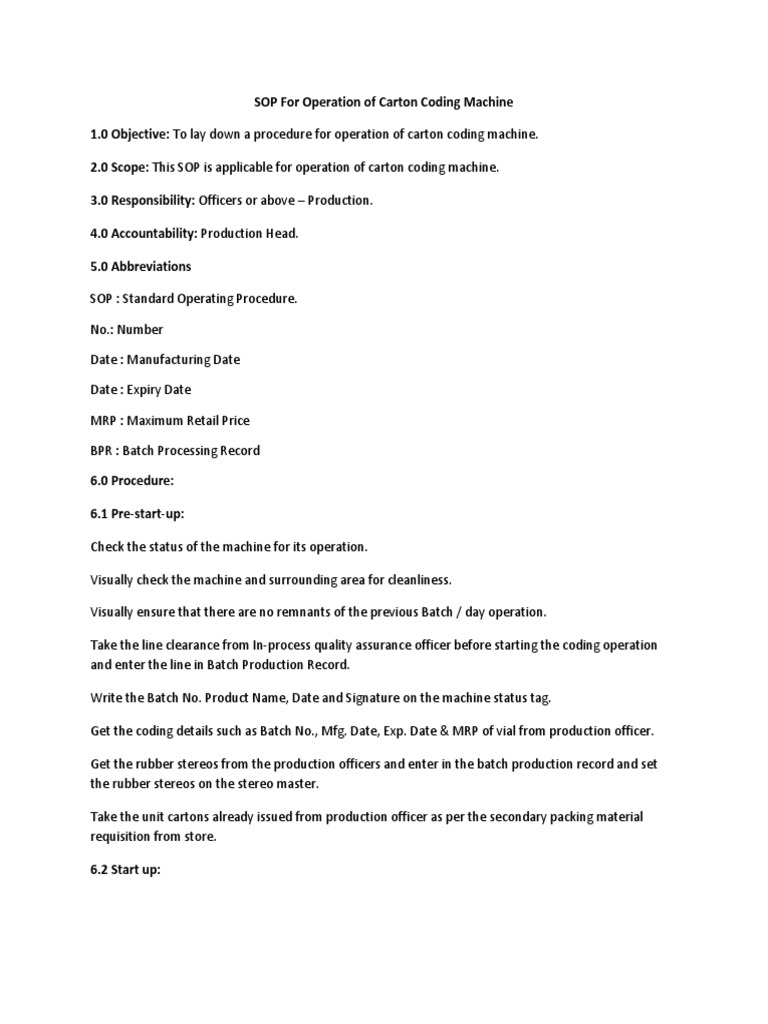 SOP For Operation of Carton Coding Machine | PDF | Business