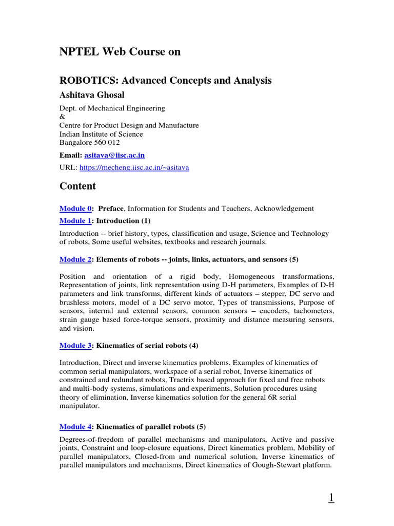 NPTEL Web Course On: ROBOTICS: Advanced Concepts and Analysis | PDF ...