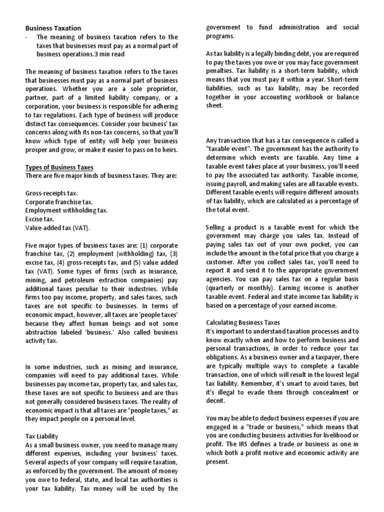 Business Taxation: Types of Business Taxes | PDF | Income Tax | Income ...