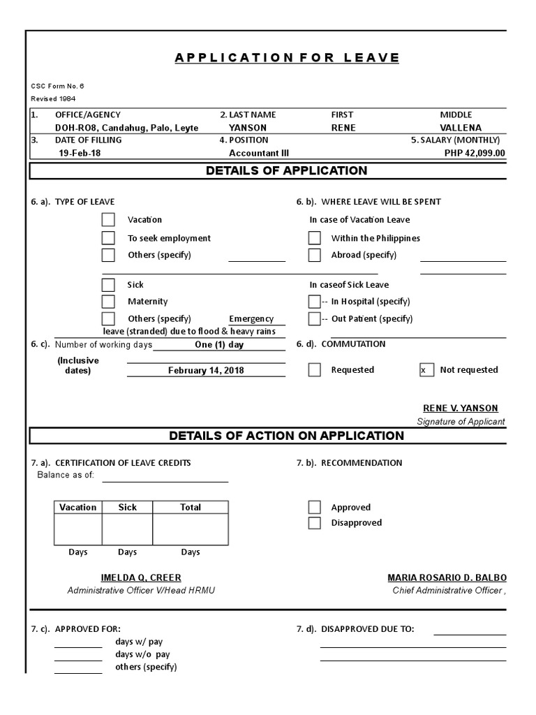 Leave Application Form CSC No. 6 | PDF | Insurance | Health Economics