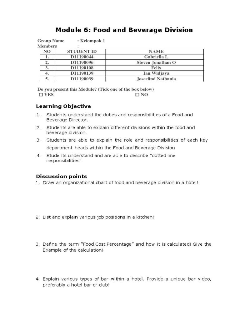 Worksheet Modul 6 - Food and Beverage Divisiond | PDF | Hospitality ...