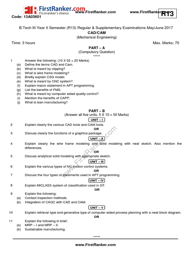 JNTU Anantapur B.tech 2017 Third Year Second Sem R13 13A03601 CAD CAM ...