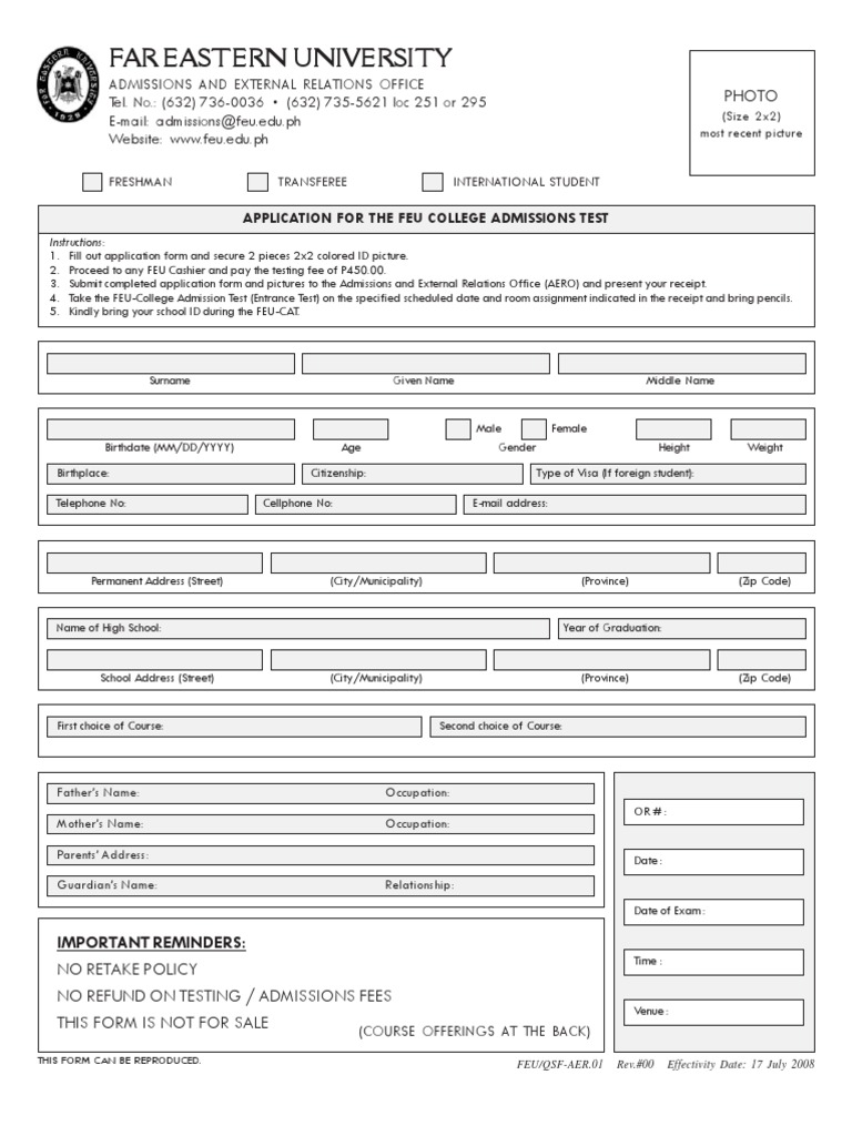 Feu Entrance Examination Application Form | PDF | Bachelor Of Science ...