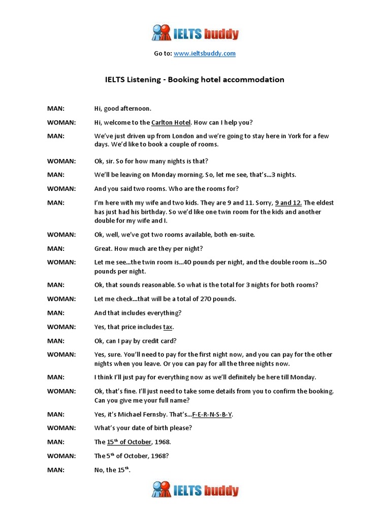 Ielts Listening Test Part 1 Script Booking Hotel PDF | PDF | Business