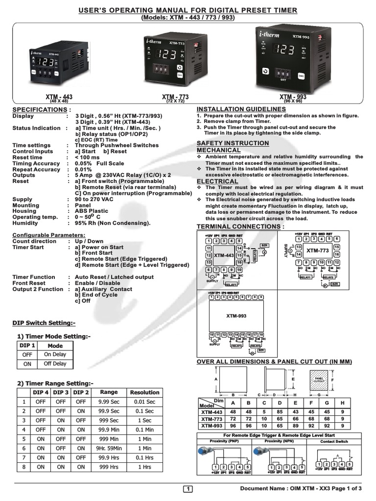 (Models: XTM - 443 / 773 / 993) : DIP Switch Setting:-1) Timer Mode Setting | PDF | Parameter ...