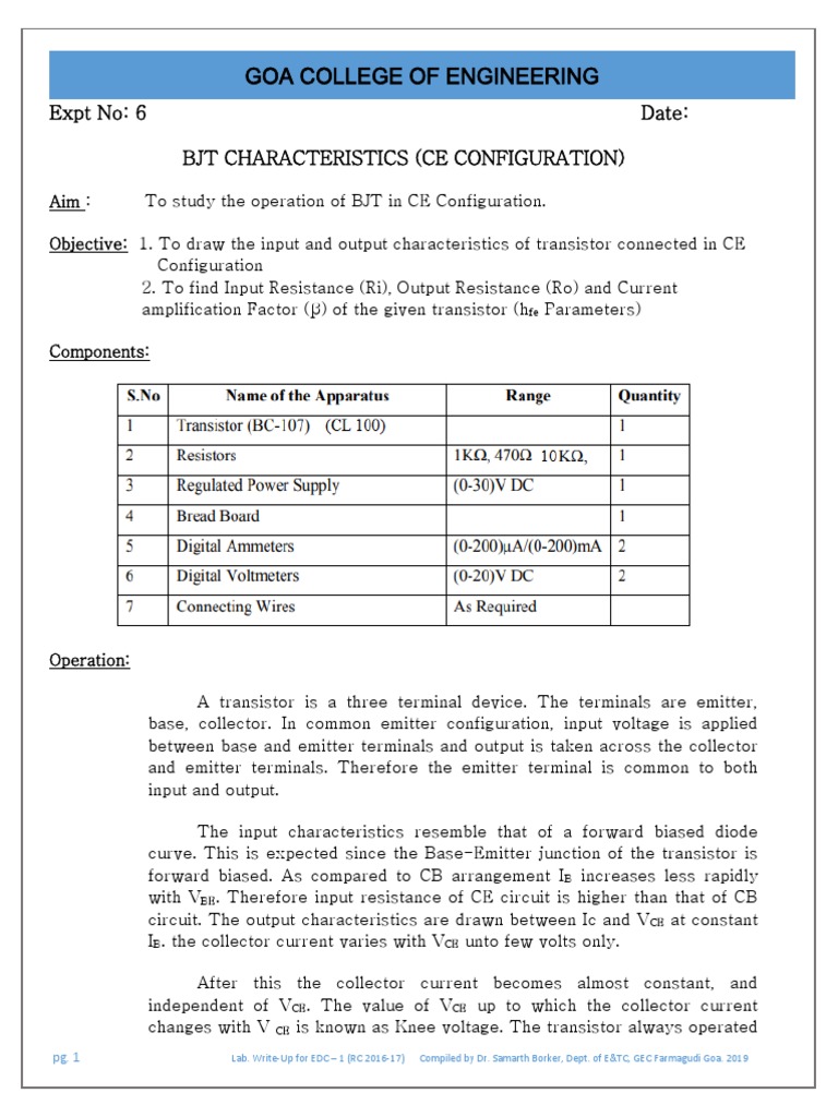 Expt 6 BJT Characteristics (CE Configuration) | PDF | Bipolar Junction Transistor | Transistor