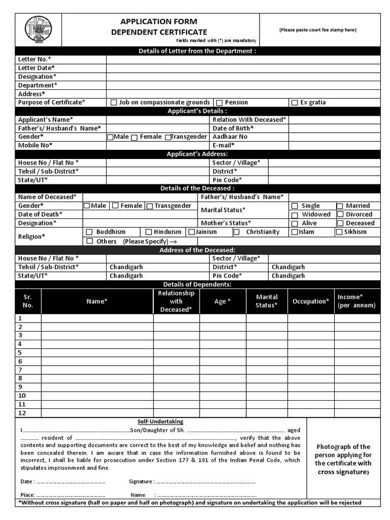 Application Form Dependent Certificate: Details of Letter From The Department | PDF | Death ...