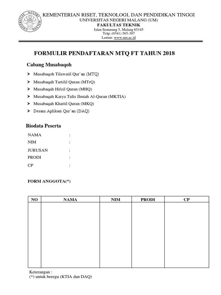 Formulir Pendaftaran MTQ | PDF