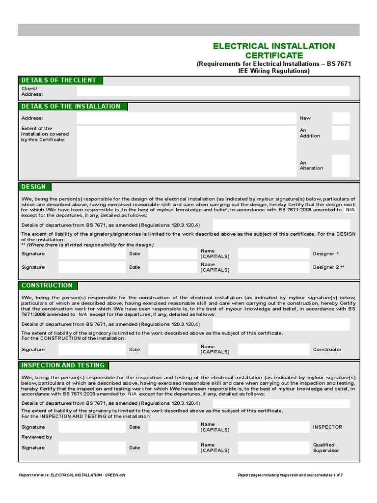 Electrical Installation Certificate | PDF | Electrical Wiring ...
