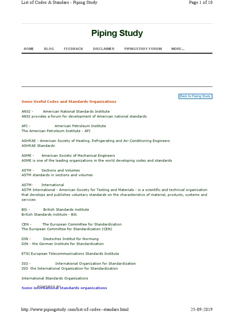 Comprehensive List of Major Codes and Standards for Piping Systems ...