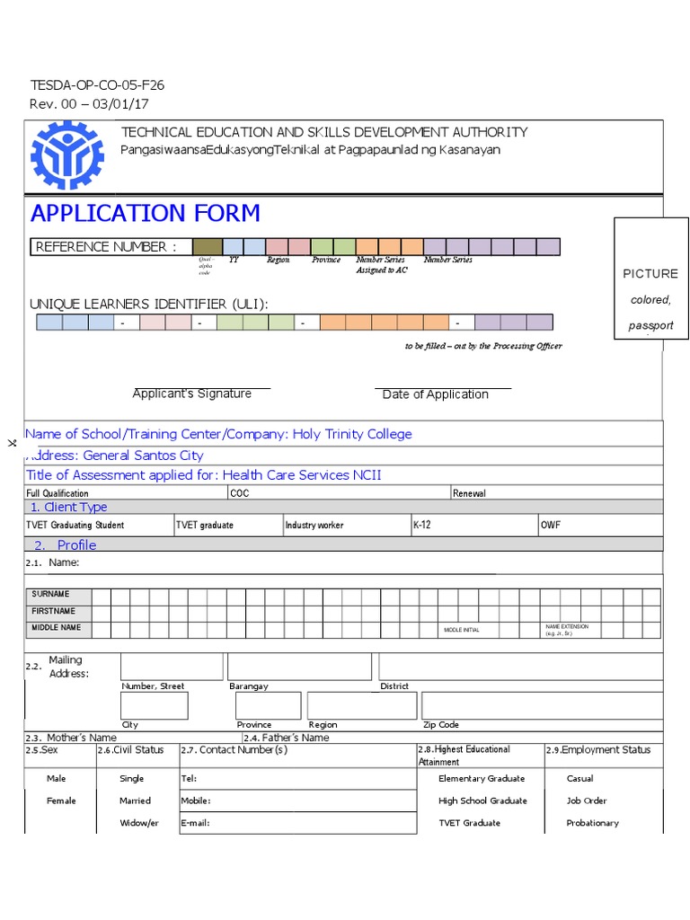 Application Form: TESDA-OP-CO-05-F26 Rev. 00 - 03/01/17 Technical ...