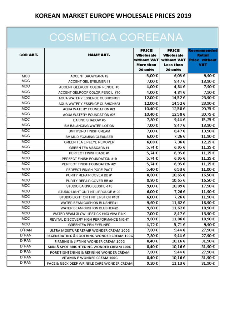 Korean Market Wholesale Price List Enero 2019 | PDF | Cosmetics | Skin Care
