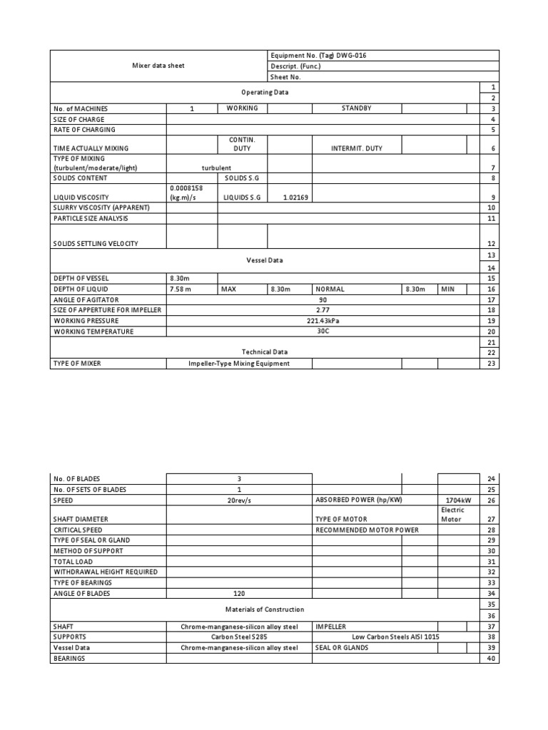 Mixer Data Sheet | PDF | Continuum Mechanics | Mechanical Engineering