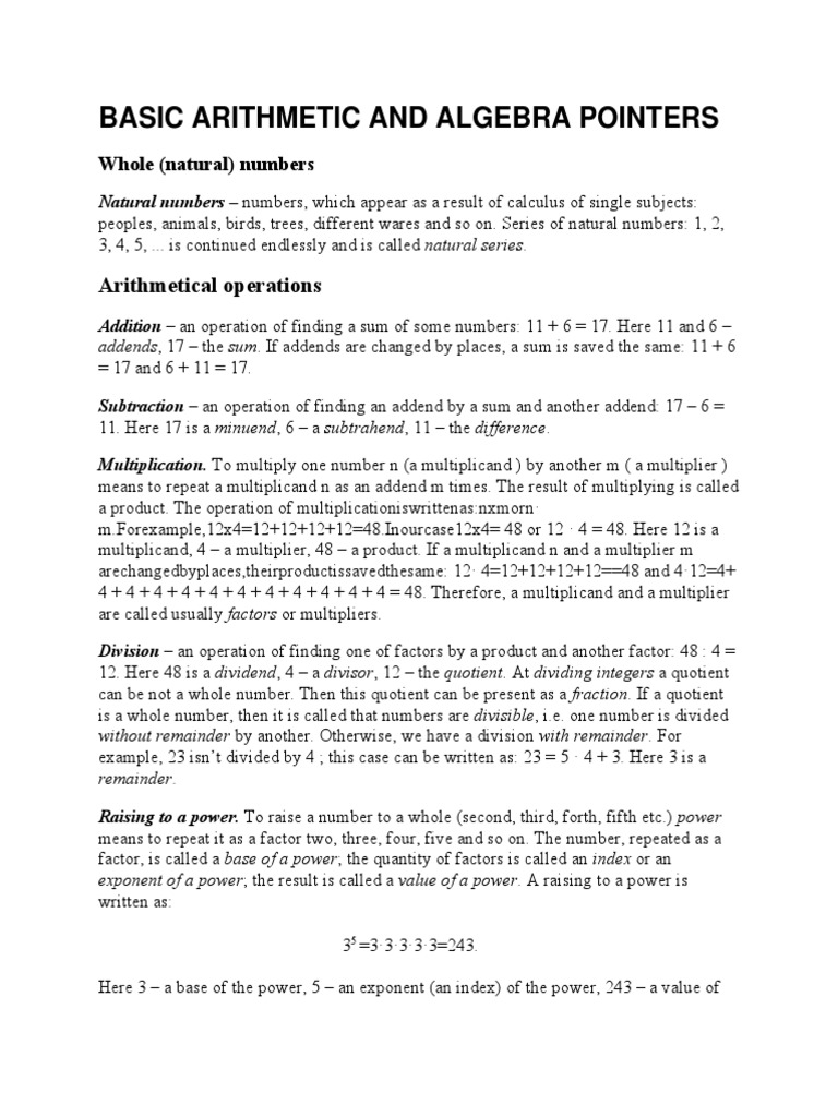 Basic Arithmetic and Algebra Pointers | PDF | Fraction (Mathematics) | Division (Mathematics)