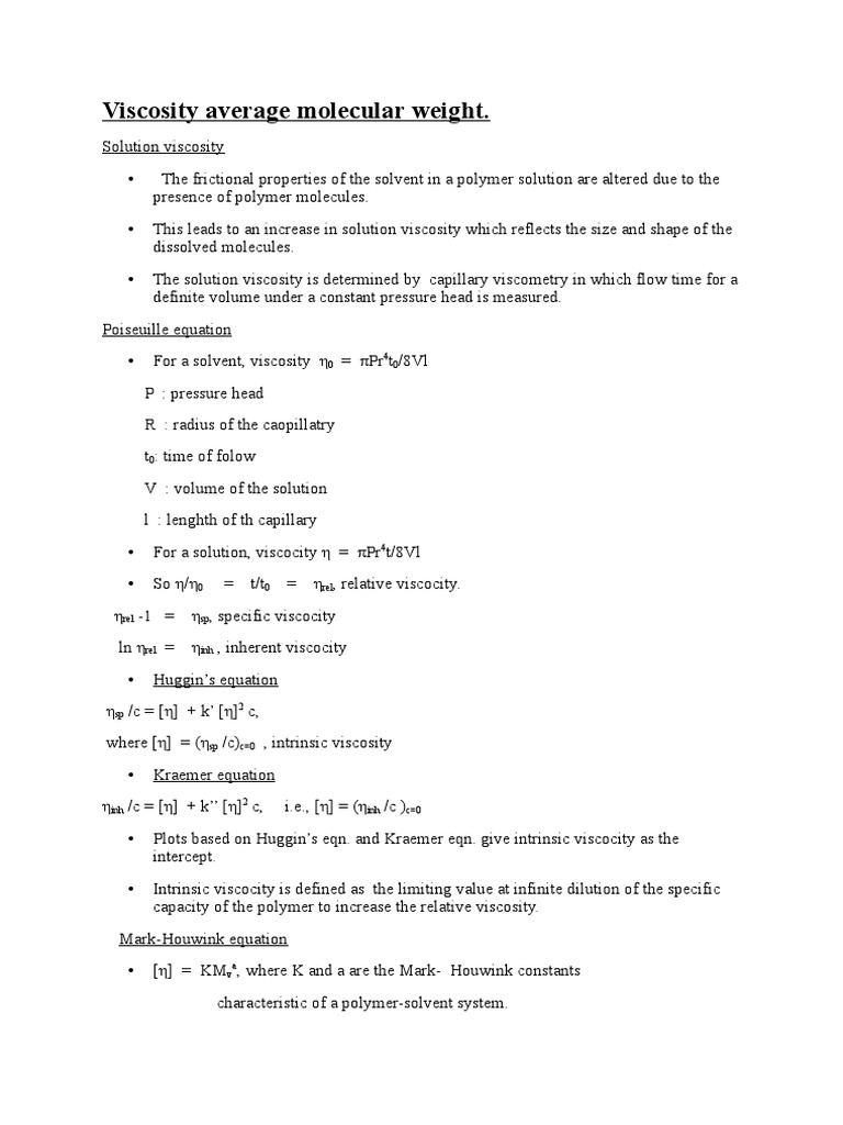 Viscosity Average Molecular Weight | PDF | Viscosity | Solution