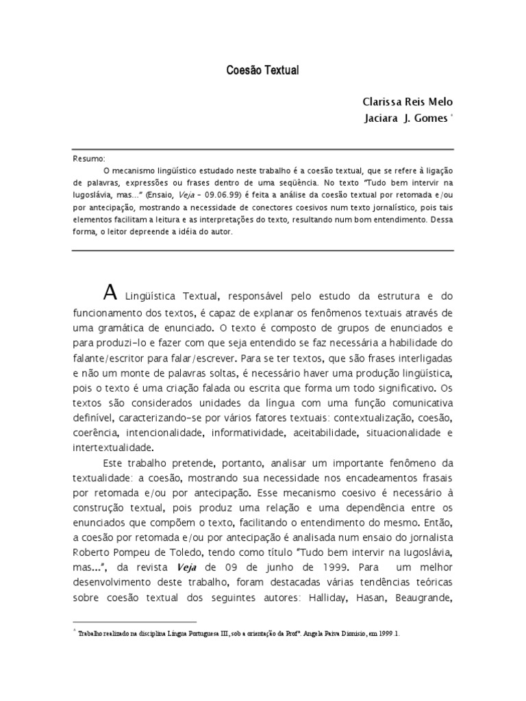 Artigo-Coesão Textual (Halliday e Hasan) PDF | PDF | Pronome | Assunto ...