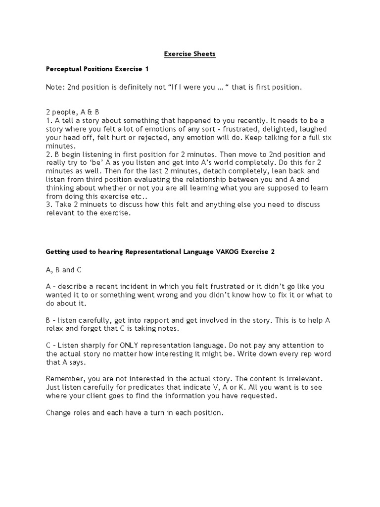 Exercise Sheets Perceptual Positions Exercise 1 | PDF